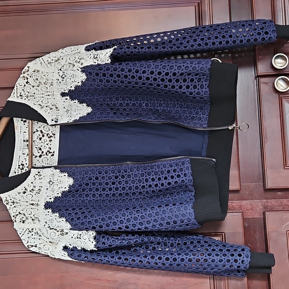 Lucy Paris | Jackets & Coats | Lucy Paris Bluewhite Lace Bomber Jacket ...